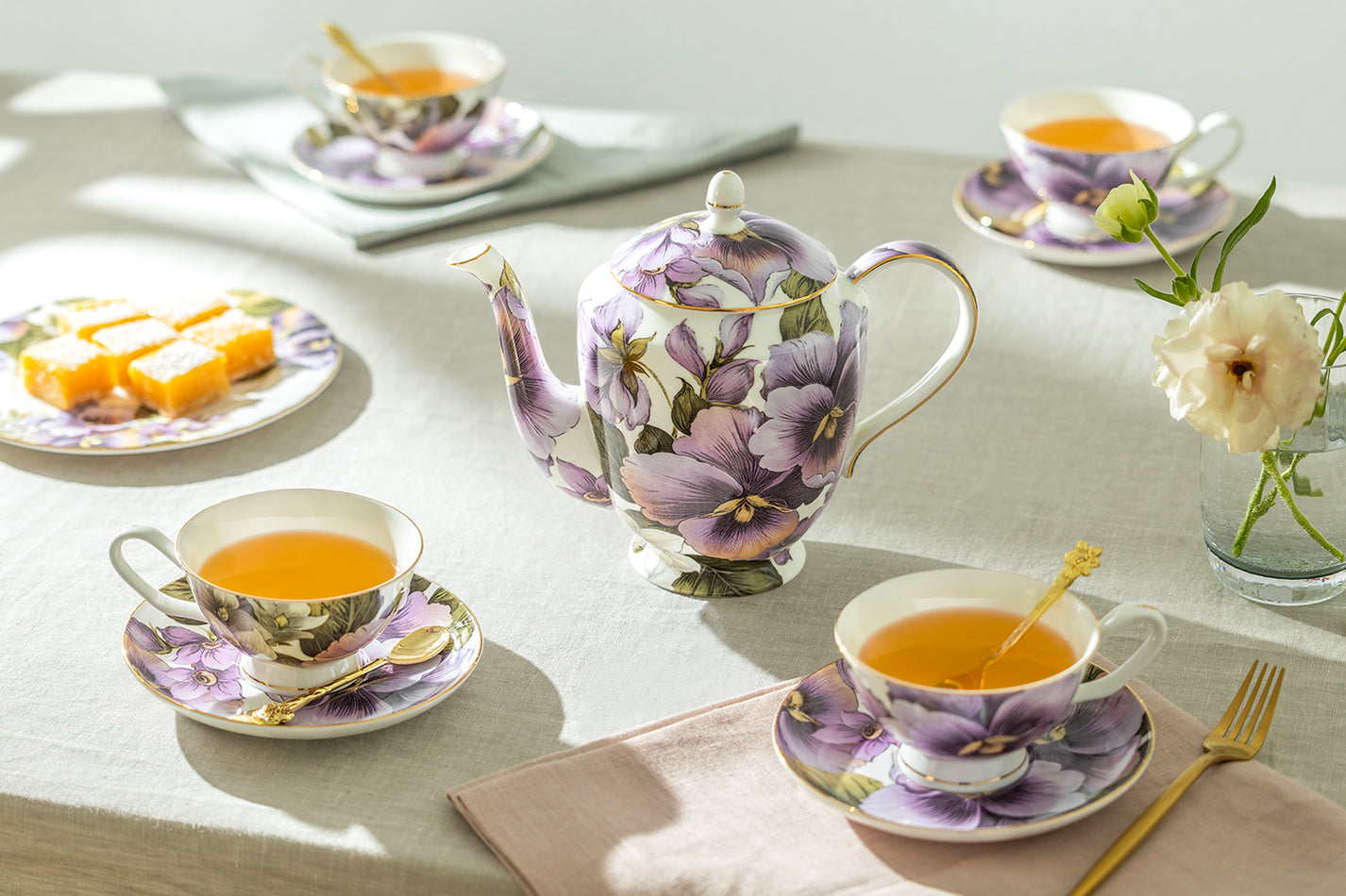 Stechcol Gracie Bone China Purple Gold Pansy Bone China 9-Piece Tea Set ...