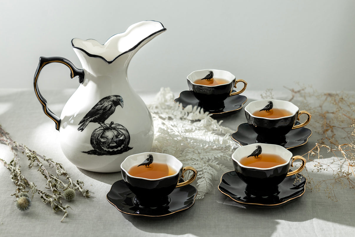 Potter's Studio Witches Brew Pitcher + 4 Raven Tea Cup and Saucer Sets ...